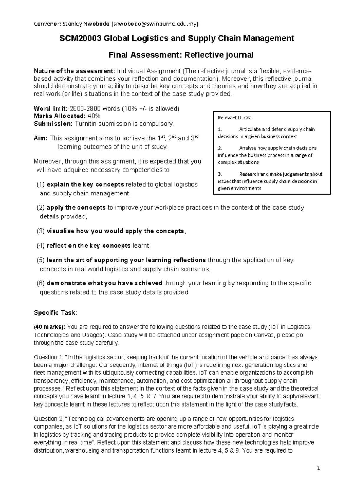 SCM20003 Final Assessment: Reflective Journal Guidelines and ...