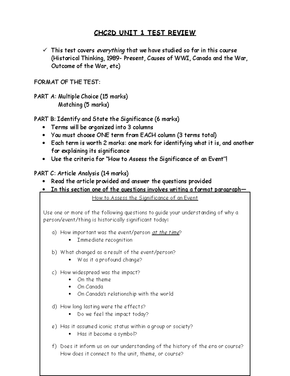 Chc2d unit 1 test review 2014 - CHC2D UNIT 1 TEST REVIEW This test ...