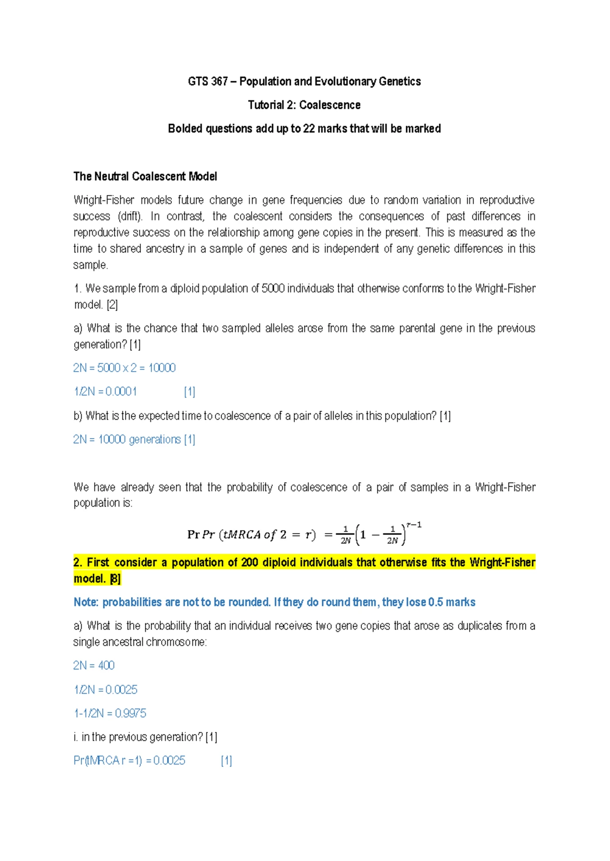 Tutorial 2 memo - GTS 367 – Population and Evolutionary Genetics Tutorial 2: Coalescence Hand-in ...