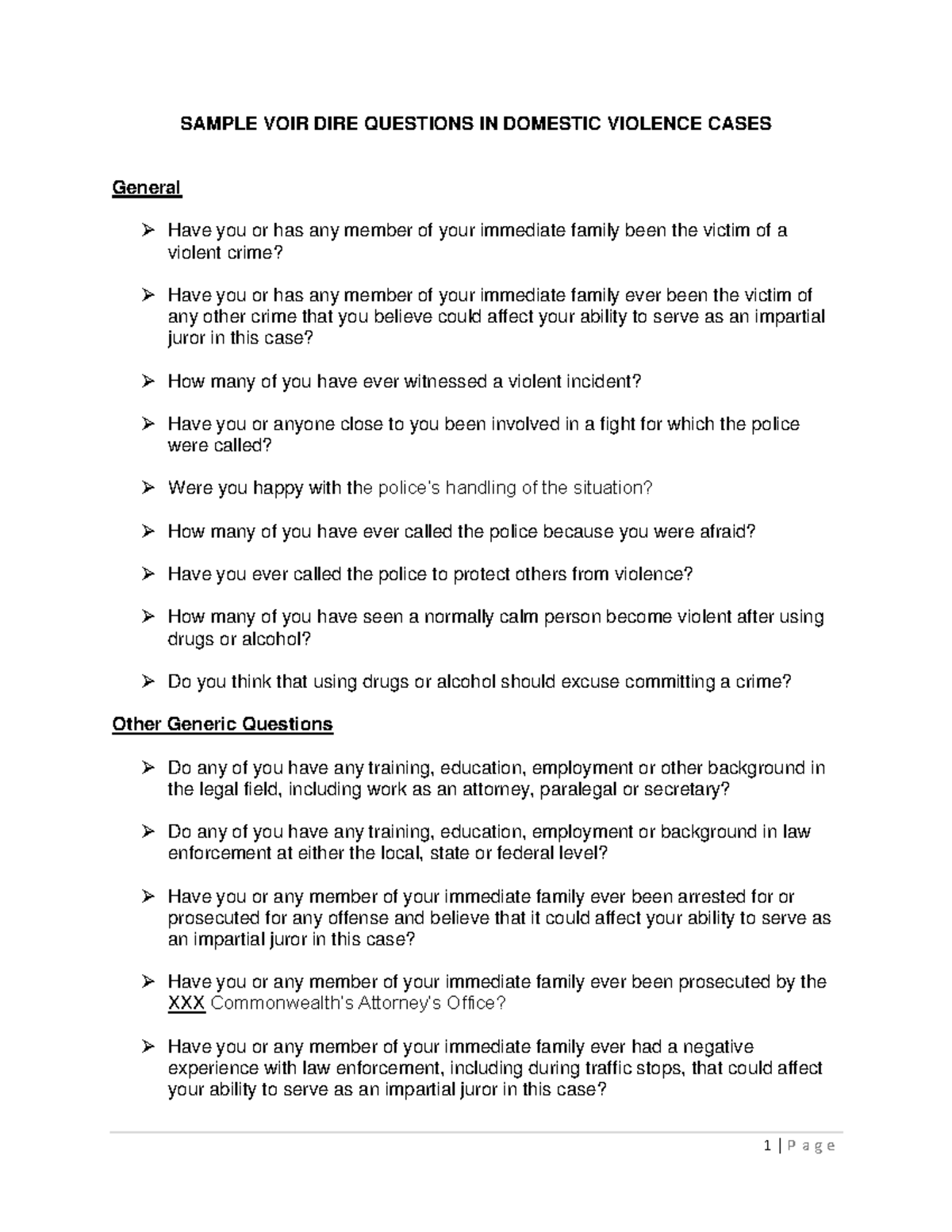 Voir Dire Questions 2 - SAMPLE VOIR DIRE QUESTIONS IN DOMESTIC VIOLENCE ...
