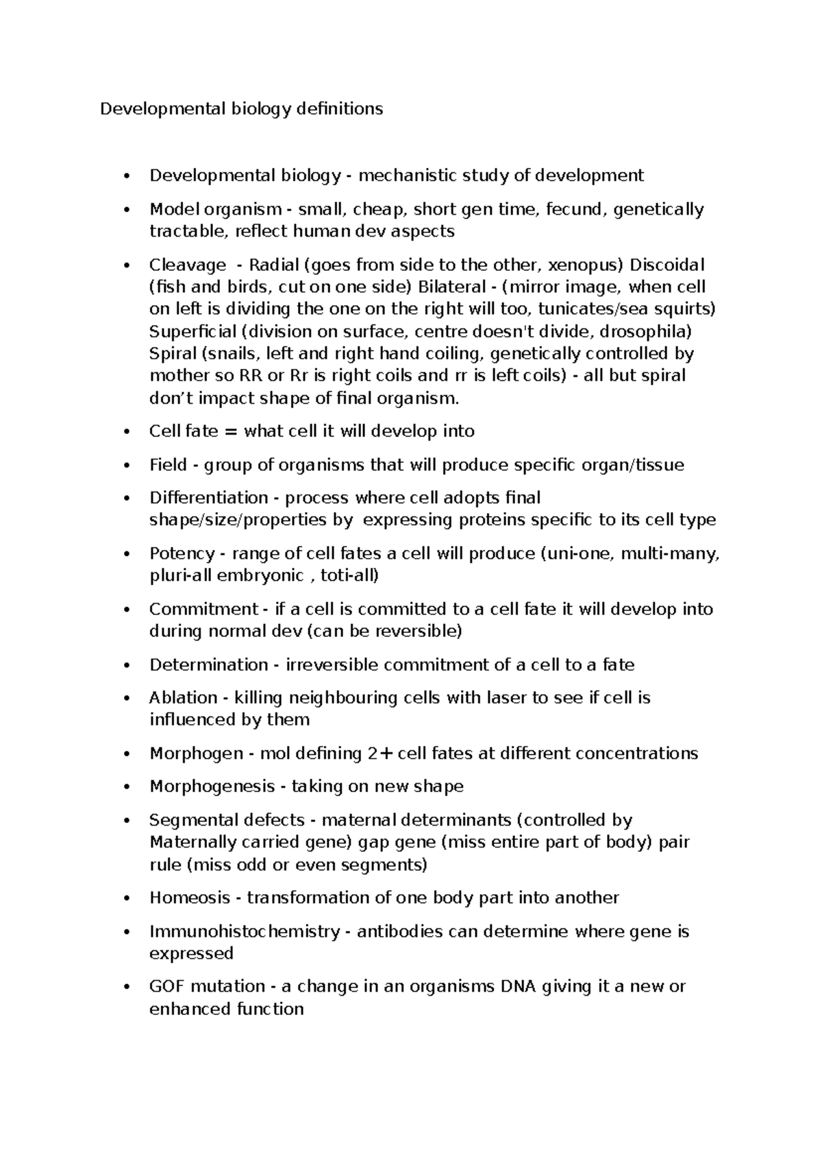 Developmental Biology Definitions: Key Concepts and Mechanisms - Studocu