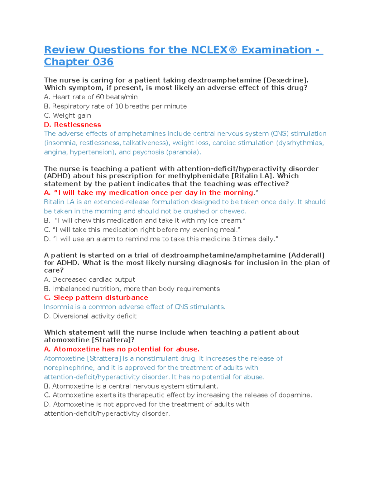 NCLEX® Exam Review Questions for Chapter 36: ADHD Medications - Studocu