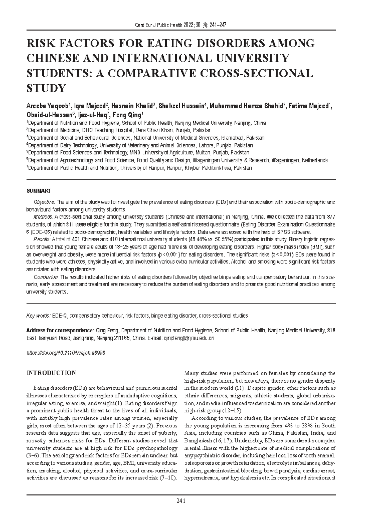 CJP 30 (4): Risk Factors for Eating Disorders in University Students ...