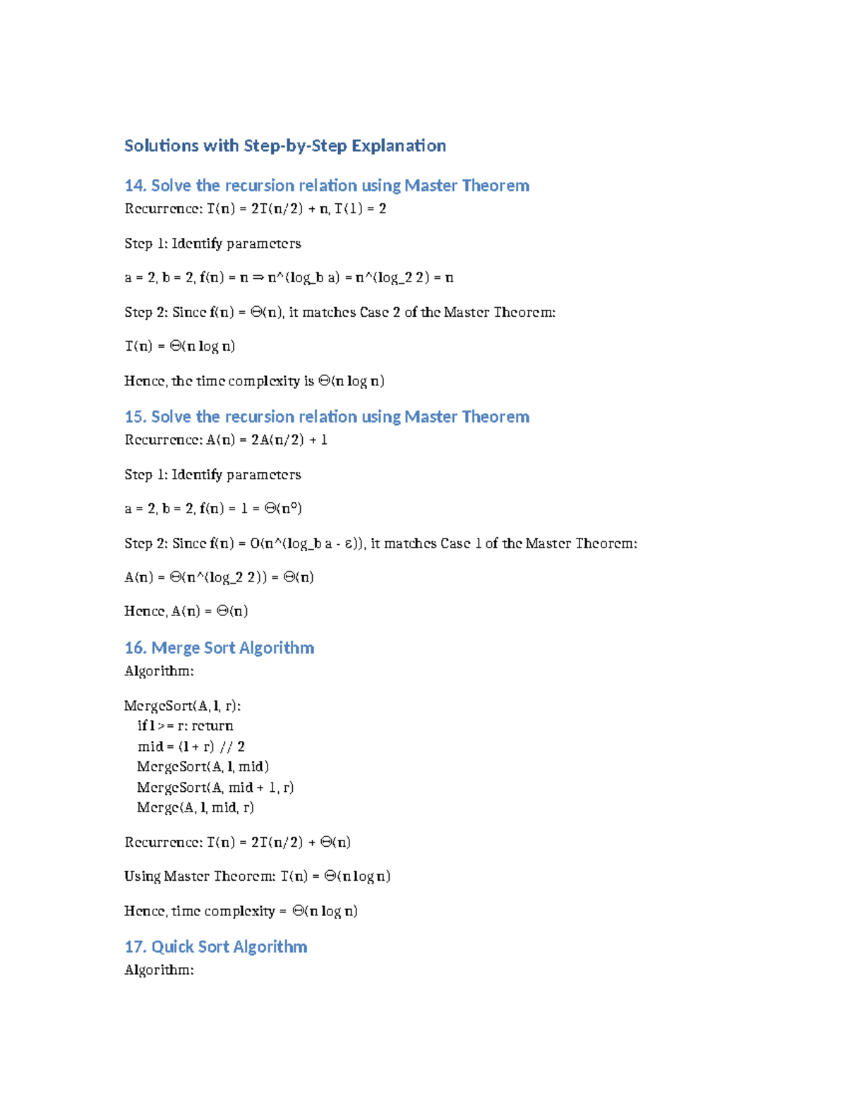 Algorithm Solutions for BCA: Recursion & Sorting Techniques - Studocu