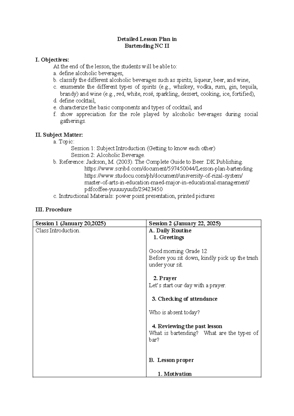 Detailed Lesson Plan in Bartending NC II: Alcoholic Beverages and ...
