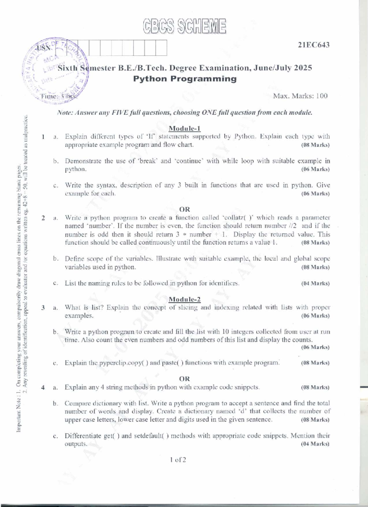 Python Programming Exam Guide - 21EC643 - Studocu