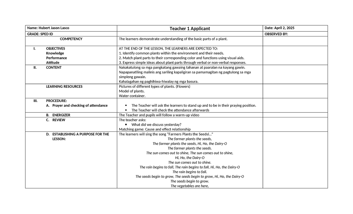 SPED LP DEMO FOR Continuation - Name: Hubert Jason Lasco Teacher 1 ...
