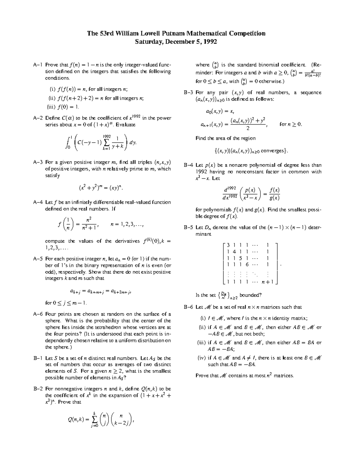 1992 - ok nha - The 53rd William Lowell Putnam Mathematical Competition ...