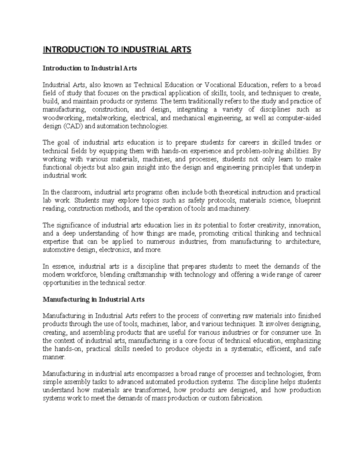 Introduction to Industrial Arts: Key Concepts and Career Paths - Studocu