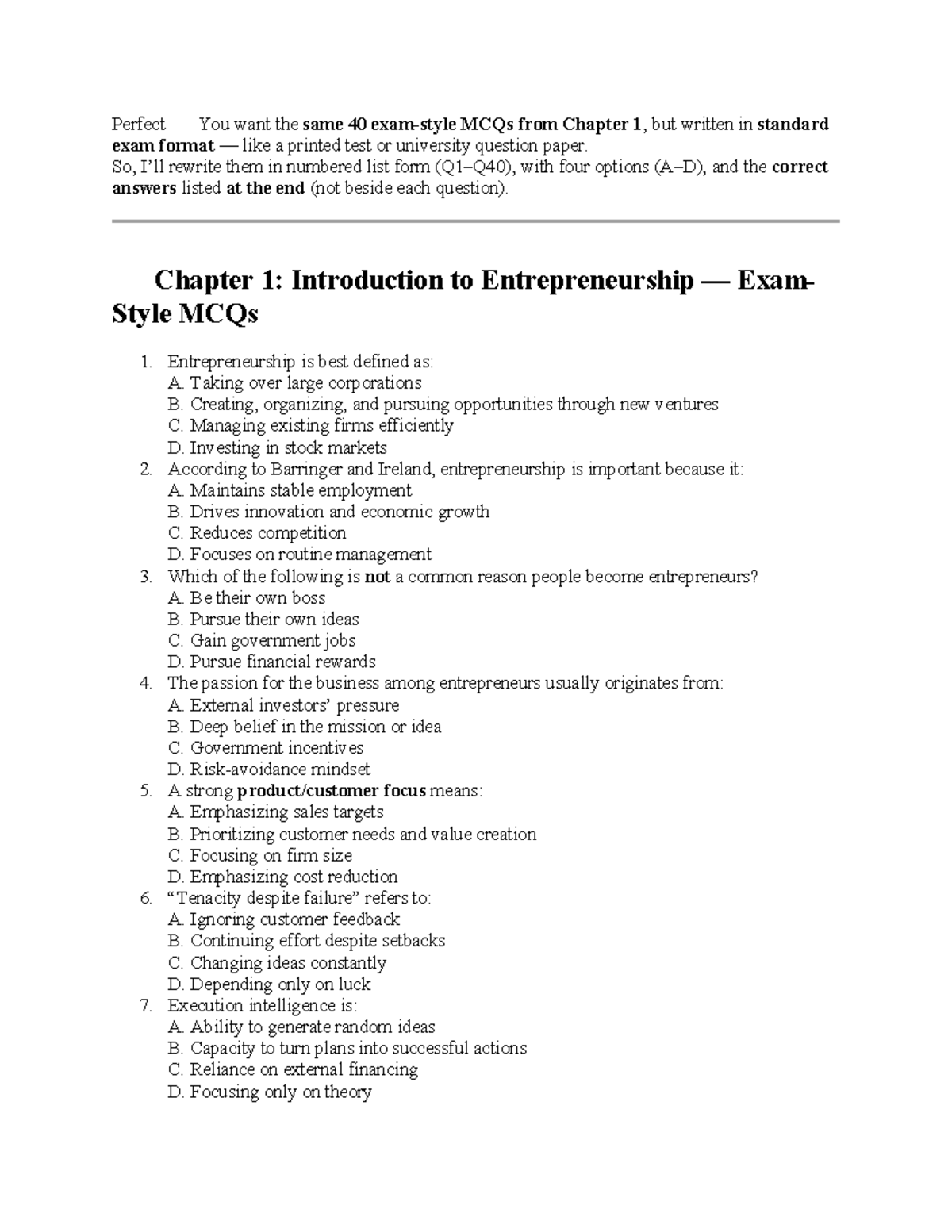 MCQs for Entrepreneurship Course (Chapters 1-3) - Exam Style - Studocu