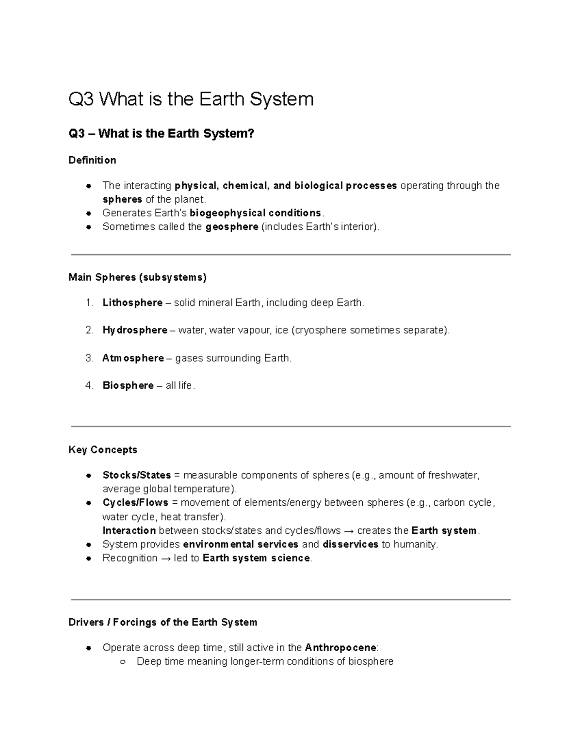 W1 Earth System & Biogeochemical Cycles Overview - Studocu