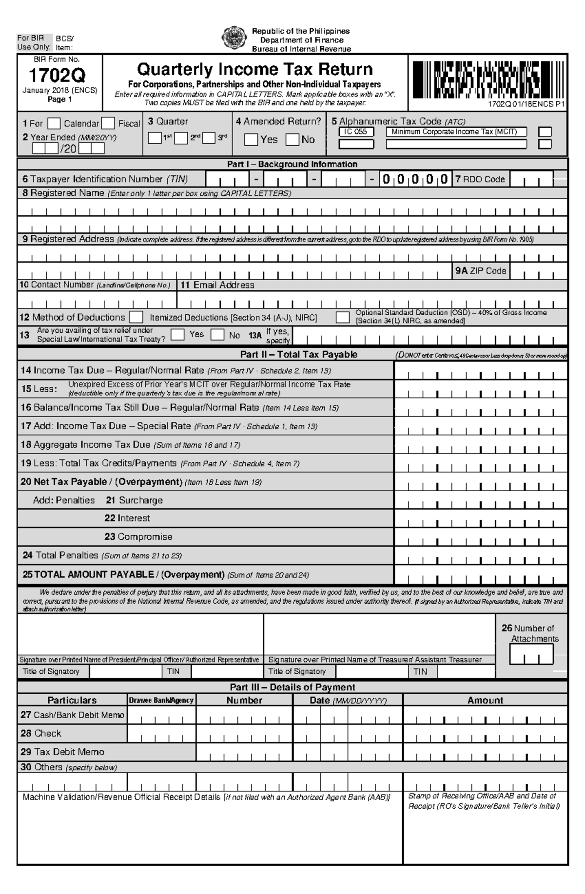 1702Q 2018 ENCS Final Exam - Quarterly Income Tax Return Guide - Studocu
