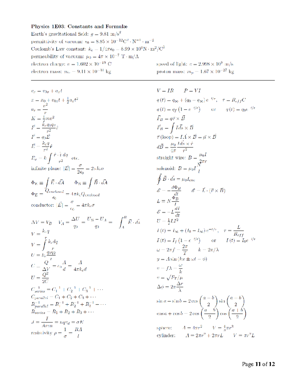 Physics 1E03: Formula Sheet & Integral Constants Overview - Studocu