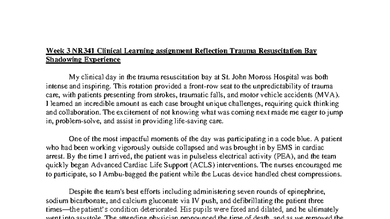 Week 3 NR341 Clinical Reflection: Trauma Resuscitation Experience - Studocu