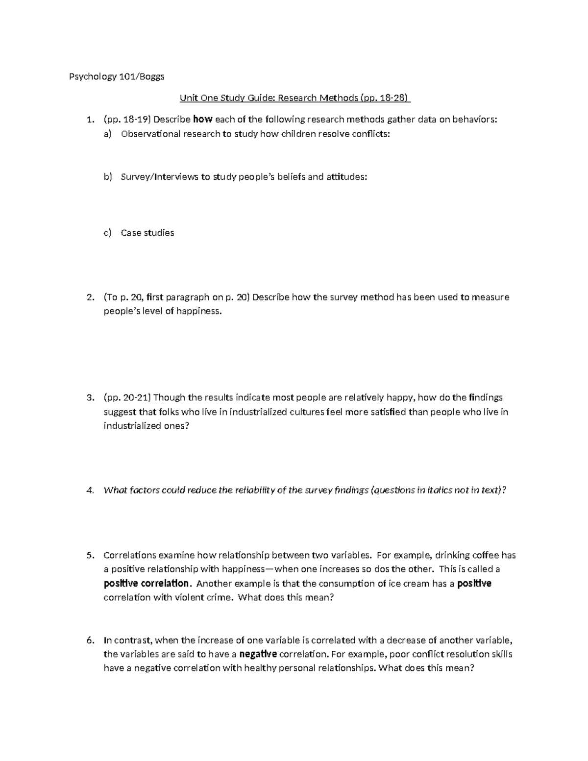 Unit One Study Guide 20241 - Psychology 101/Boggs Unit One Study Guide ...