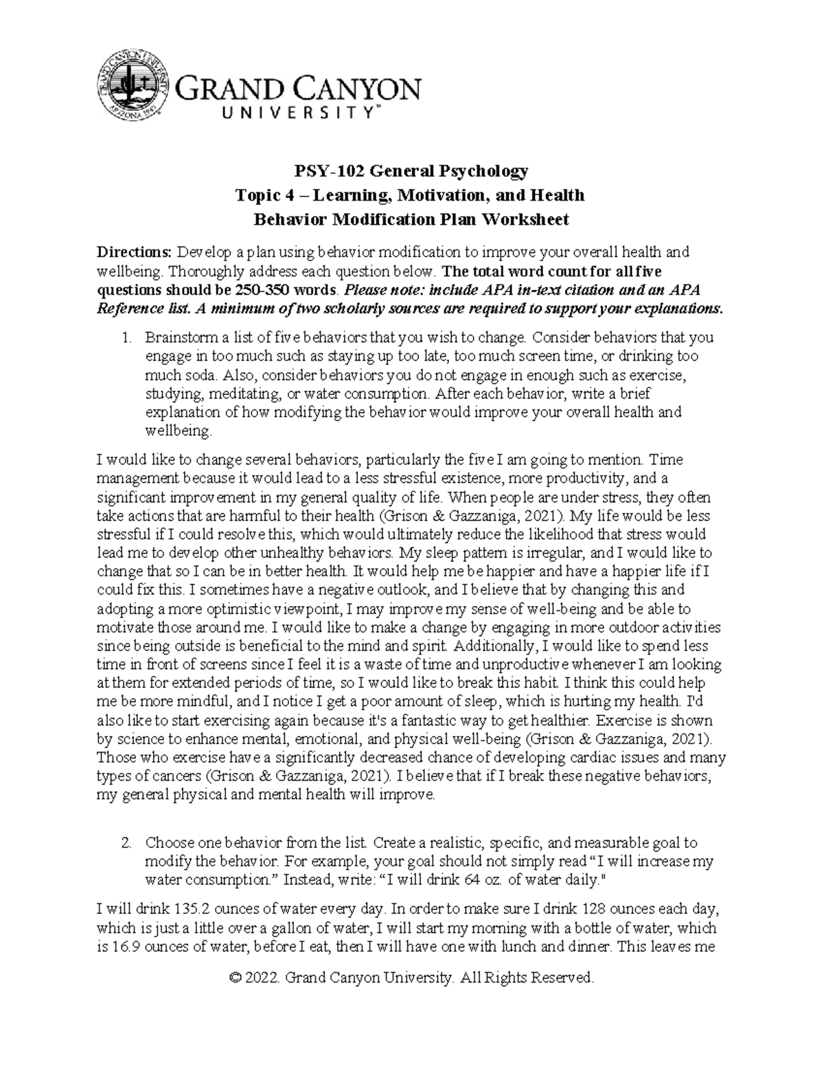 Behavior Modification Plan Worksheet for PSY-102: Learning & Health ...