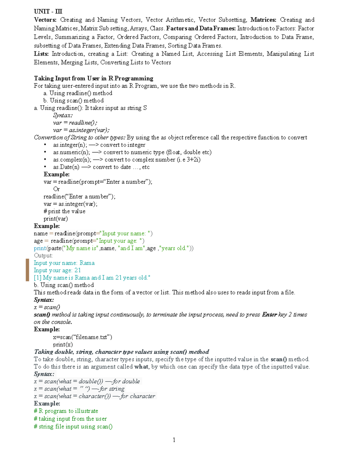 IDS UNIT-III: Vectors, Matrices, and R Programming Basics - Studocu