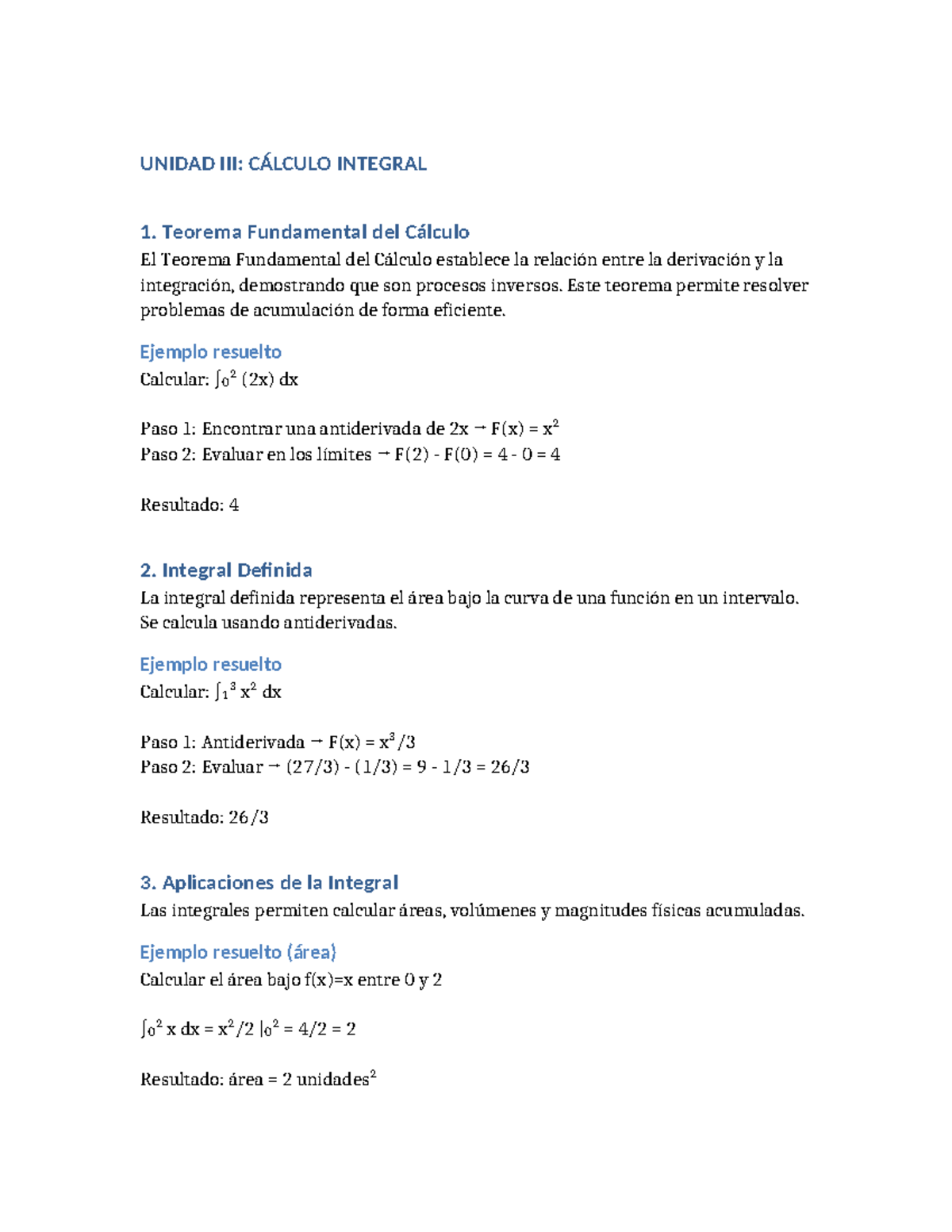 Unidad III Cálculo Integral 1: Teorema Fundamental y Ejemplos - Studocu