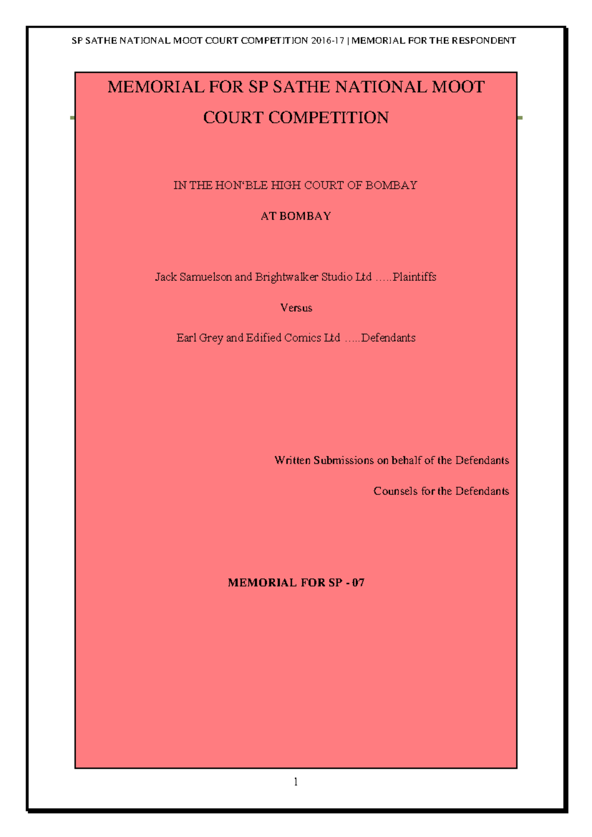 SP Sathe National Moot Court Competition 2016-17 Respondent Memorial ...