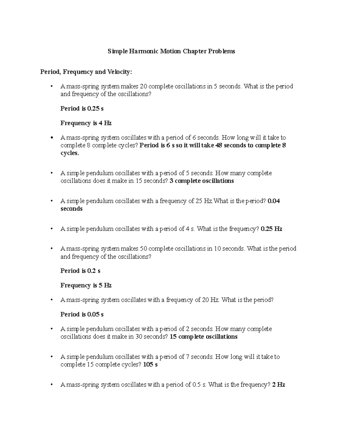Simple Harmonic Motion Chapter Problems: Period & Frequency Analysis ...