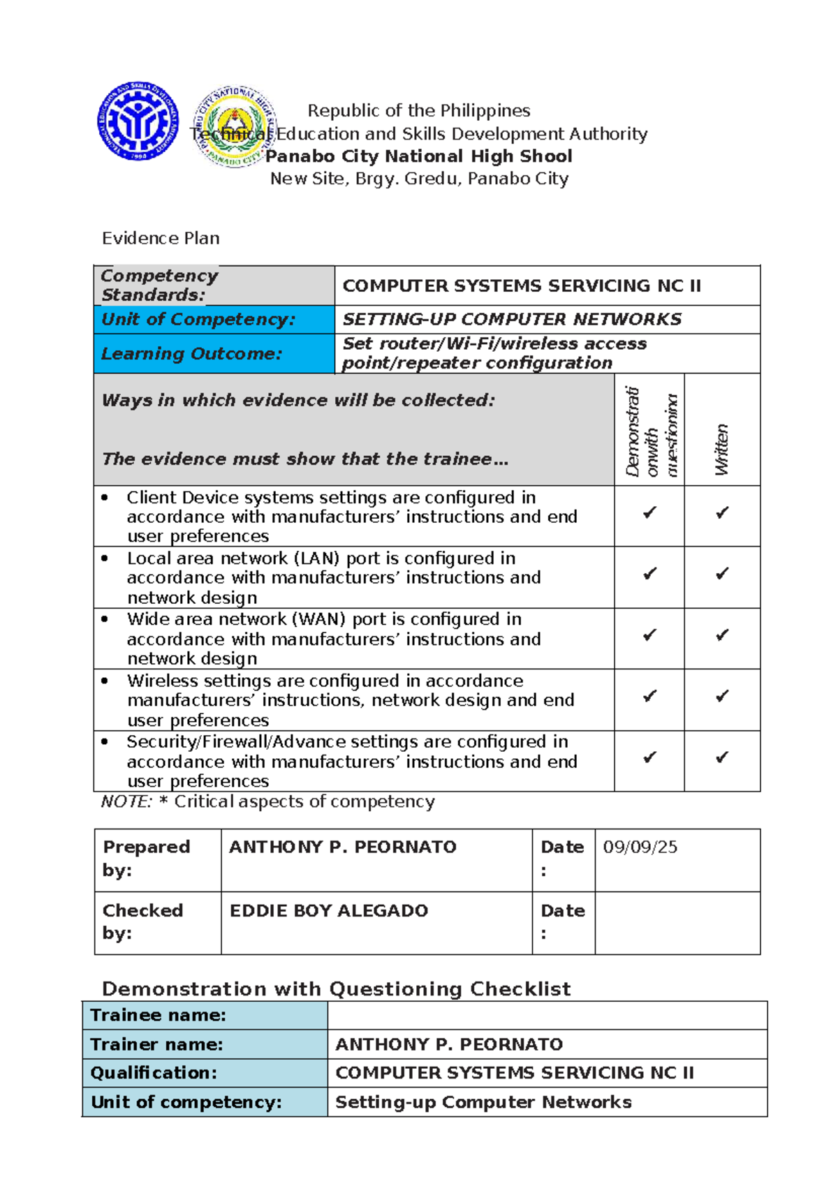 Evidence Plan for COMPUTER NETWORKS - COMPUTER SYSTEMS SERVICING NC II ...