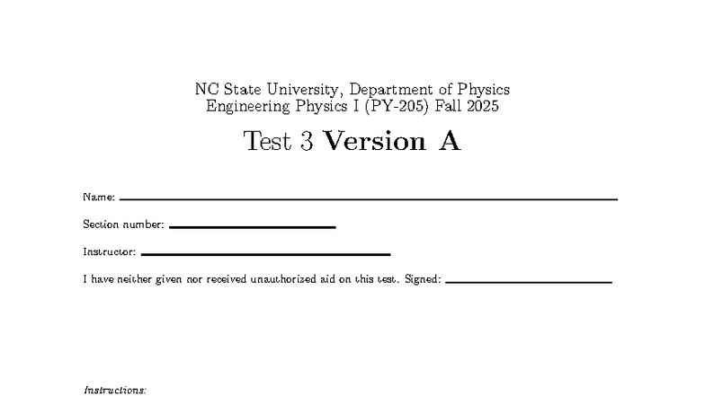 Engineering Physics I (PY-205) Test 3 Version A - Fall 2025 - Studocu