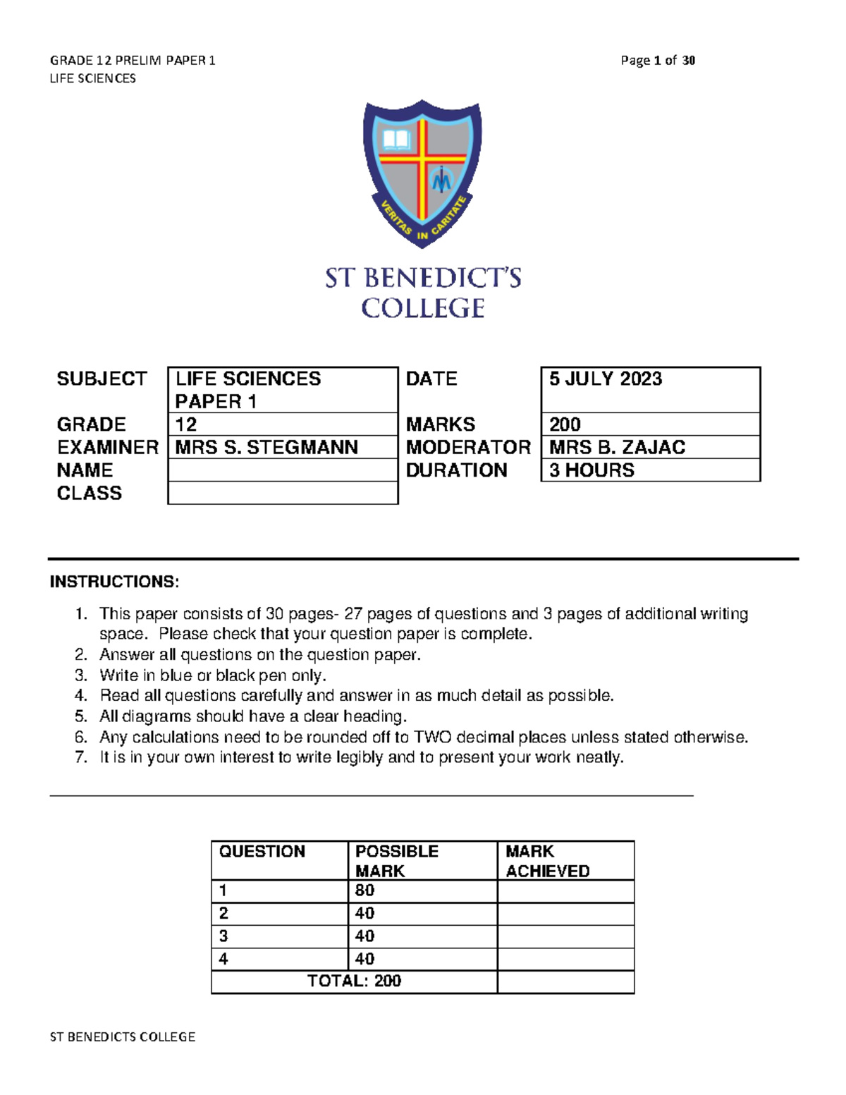 LIFE SCIENCES Paper 1 Prelim Exam - Grade 12 (July 2023) - Studocu