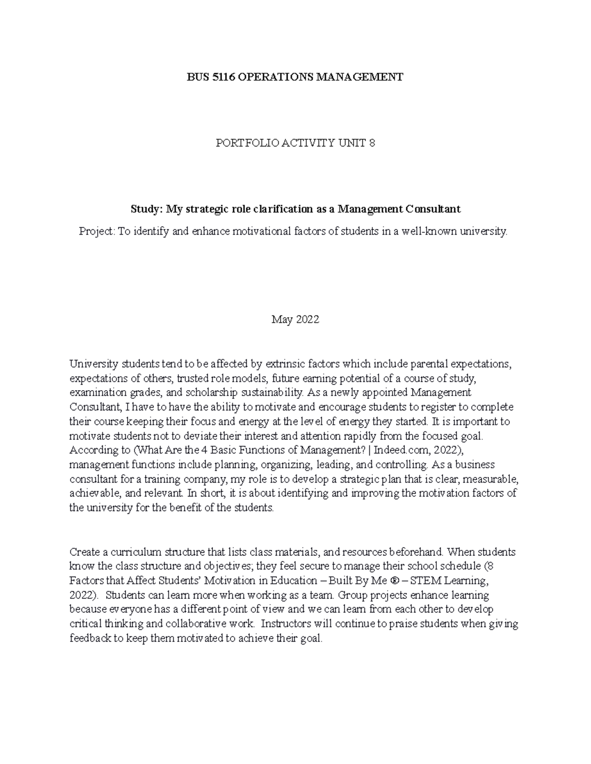OM Unit 8 Portfolio Submission - BUS 5116 OPERATIONS MANAGEMENT ...