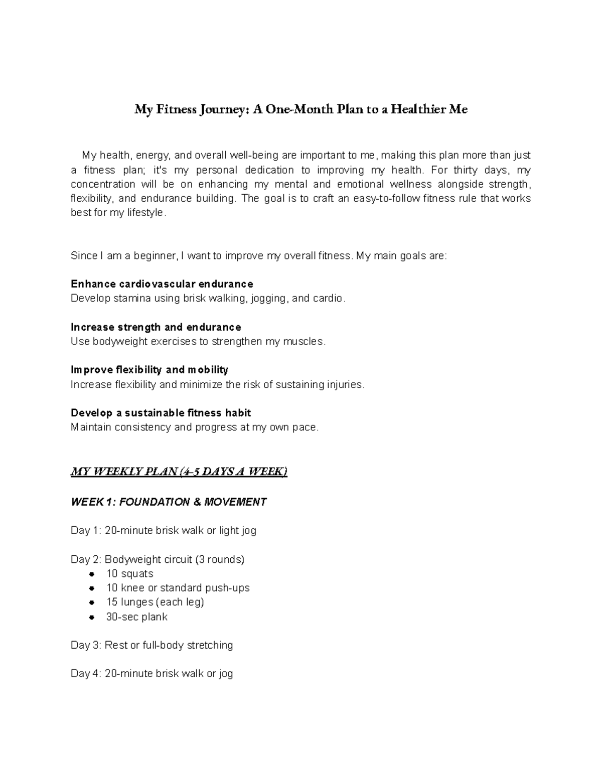 Proposal fitness plan - My Fitness Journey: A One-Month Plan to a ...