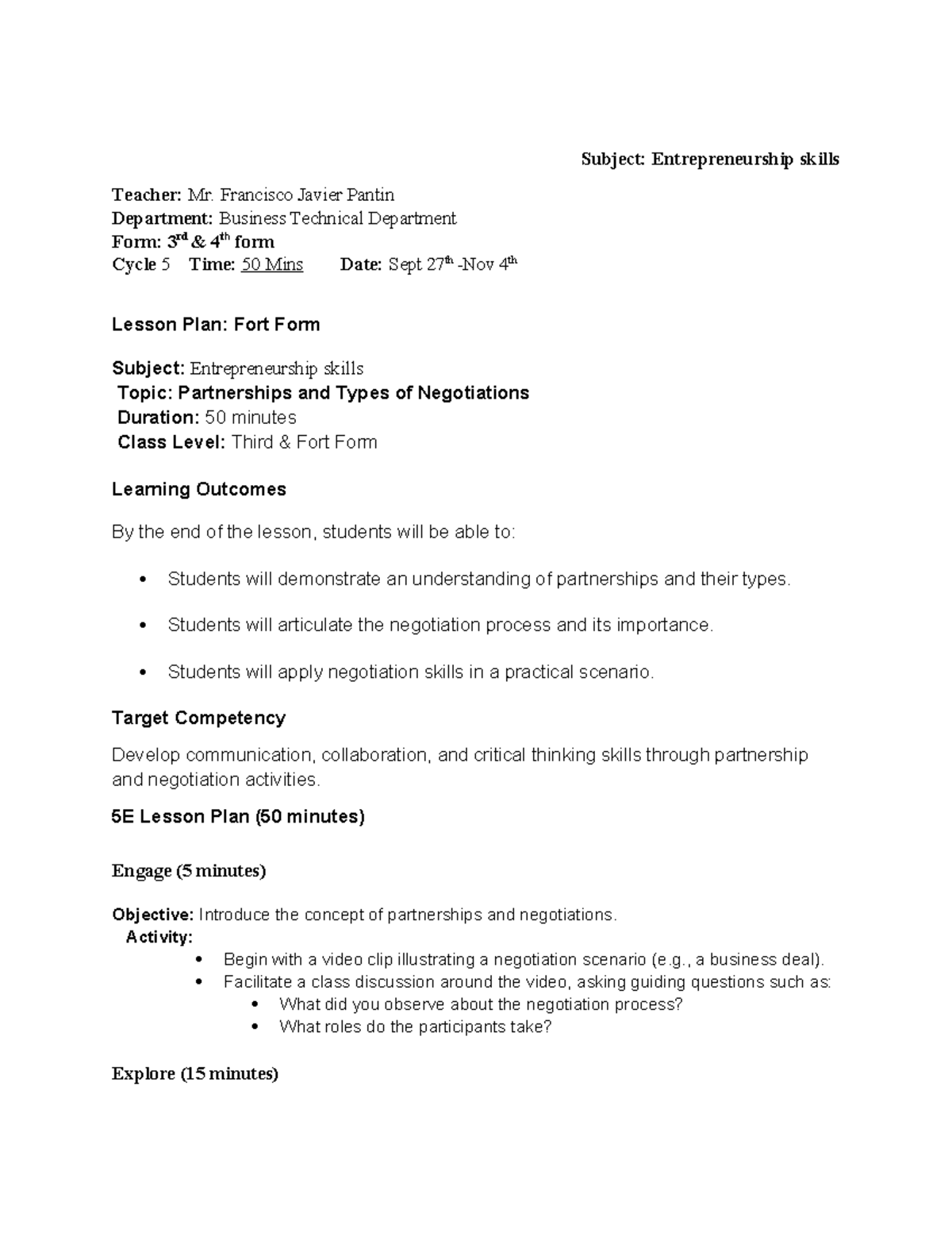 Entrepreneurship Skills Lesson Plan: Partnerships & Negotiations (Cycle ...