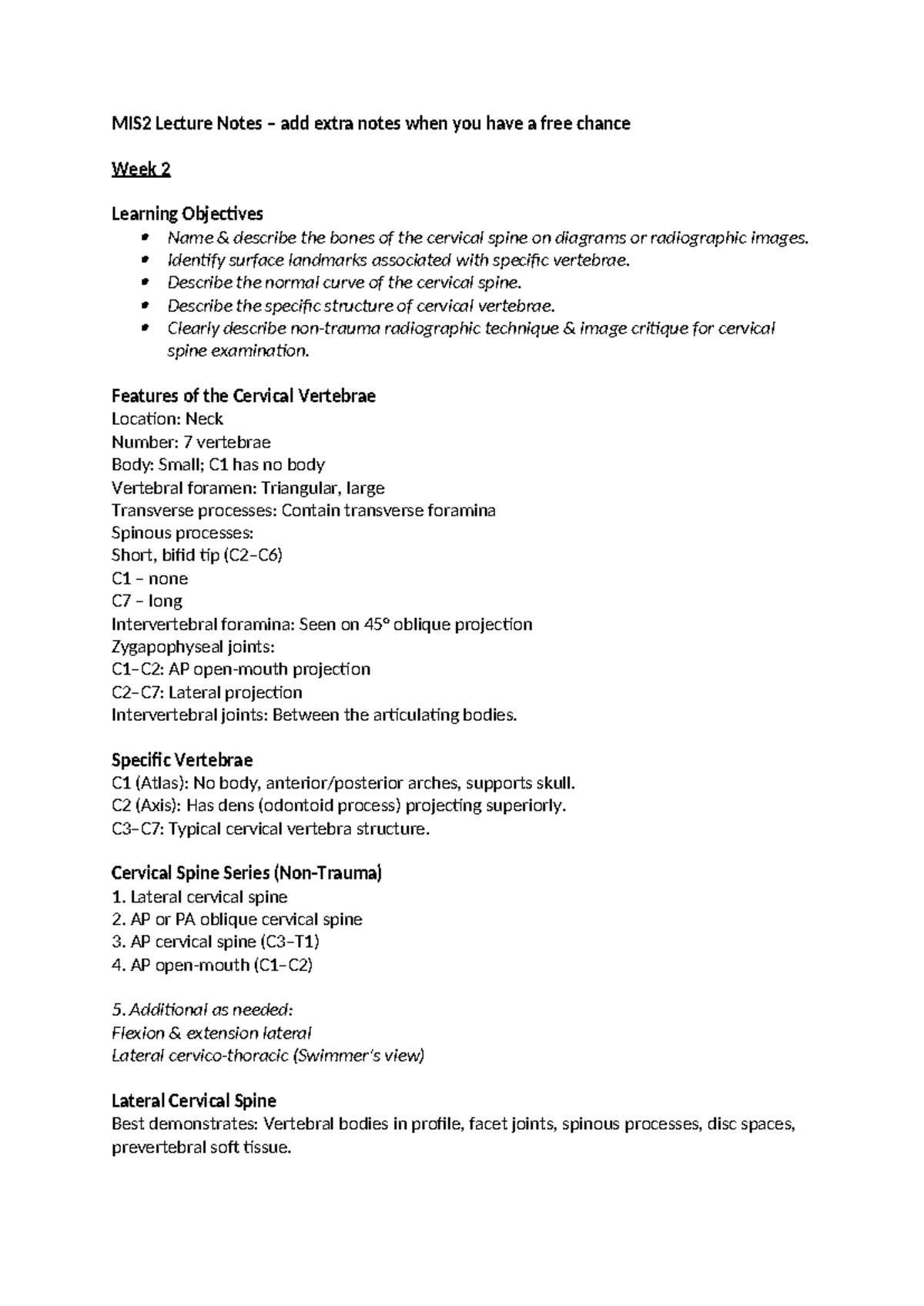 MIS2 Lecture Notes: Cervical Spine Anatomy & Radiographic Techniques ...