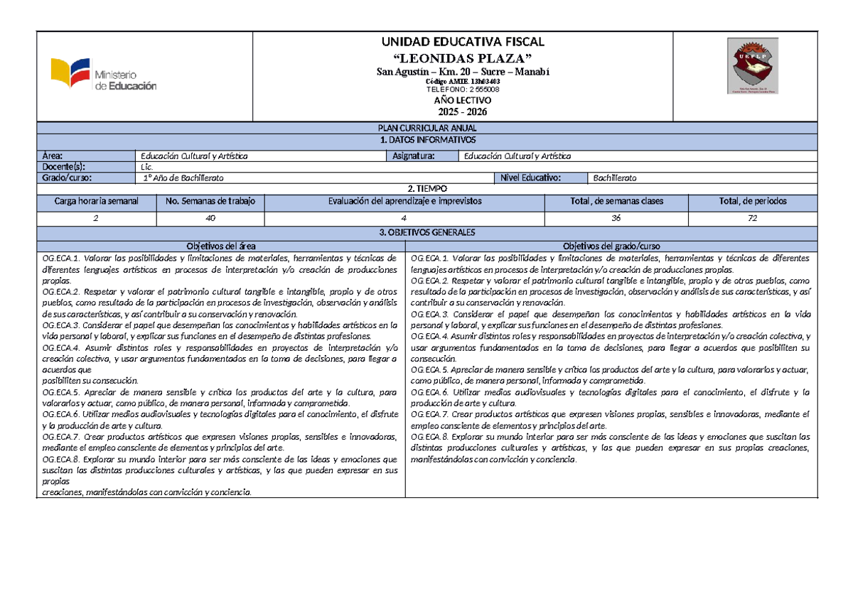 Plan Curricular Anual de Educación Cultural y Artística 1ero ...