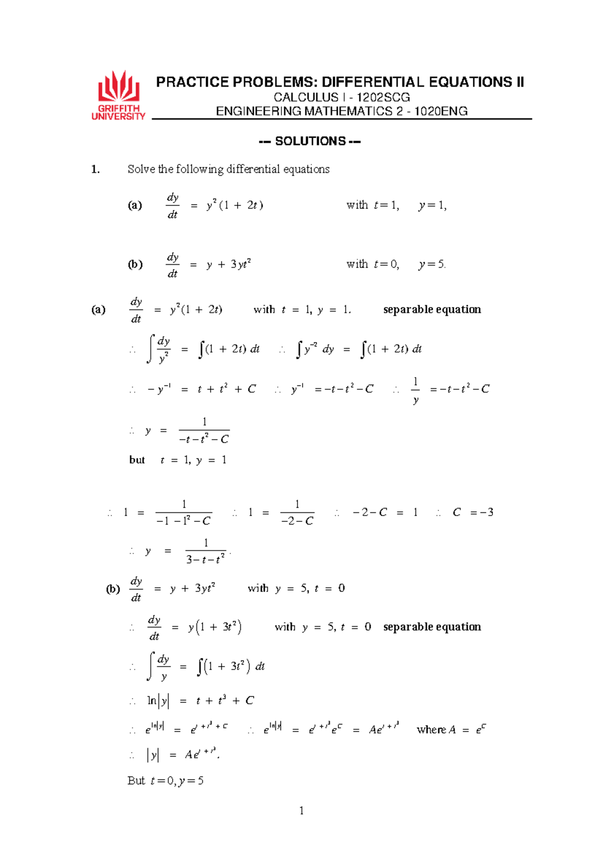 Calculus I - 1202SCG Differential Equations II Practice Solutions - Studocu