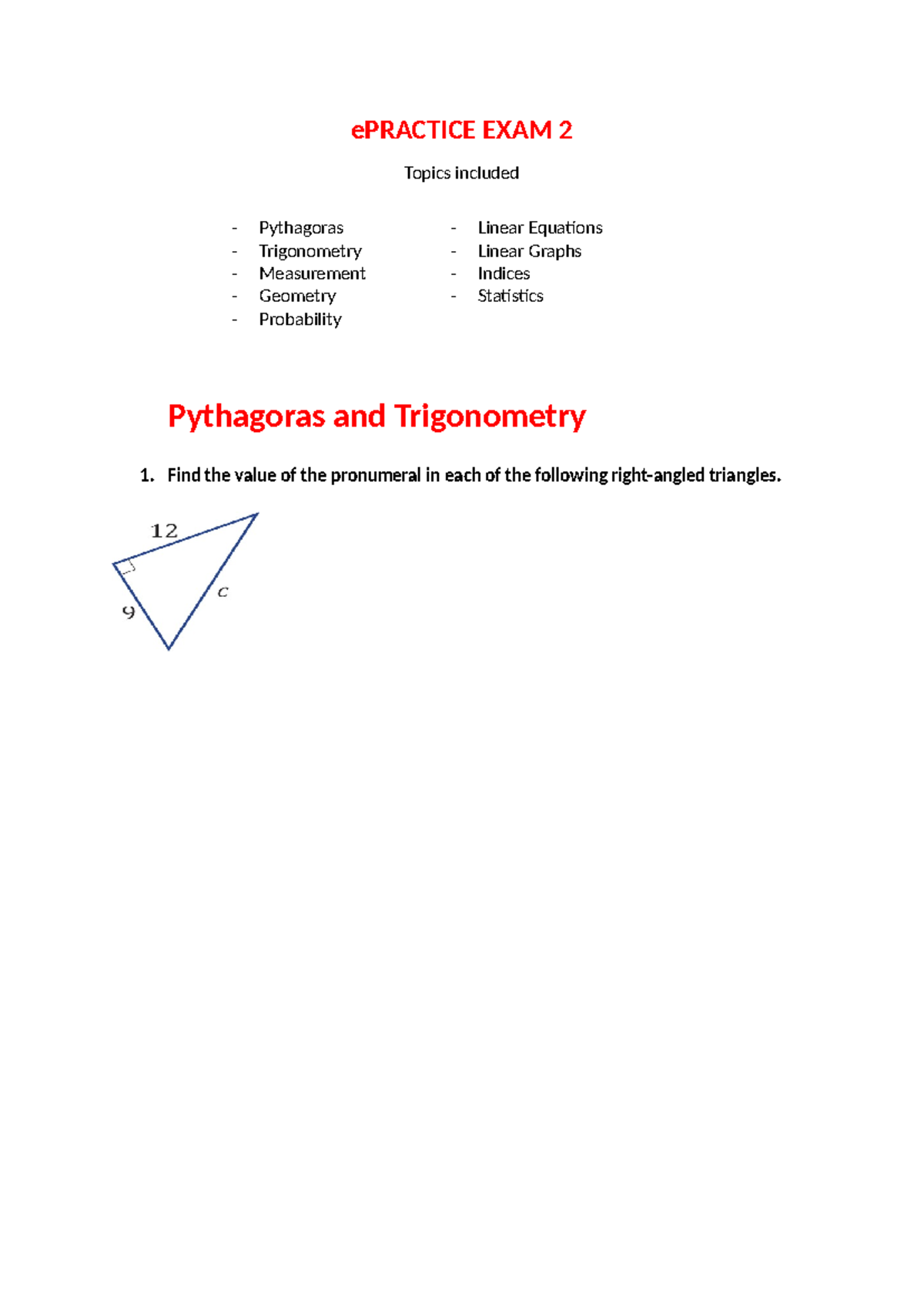 Practice Exam 2: Pythagoras, Trigonometry, and Linear Equations - Studocu