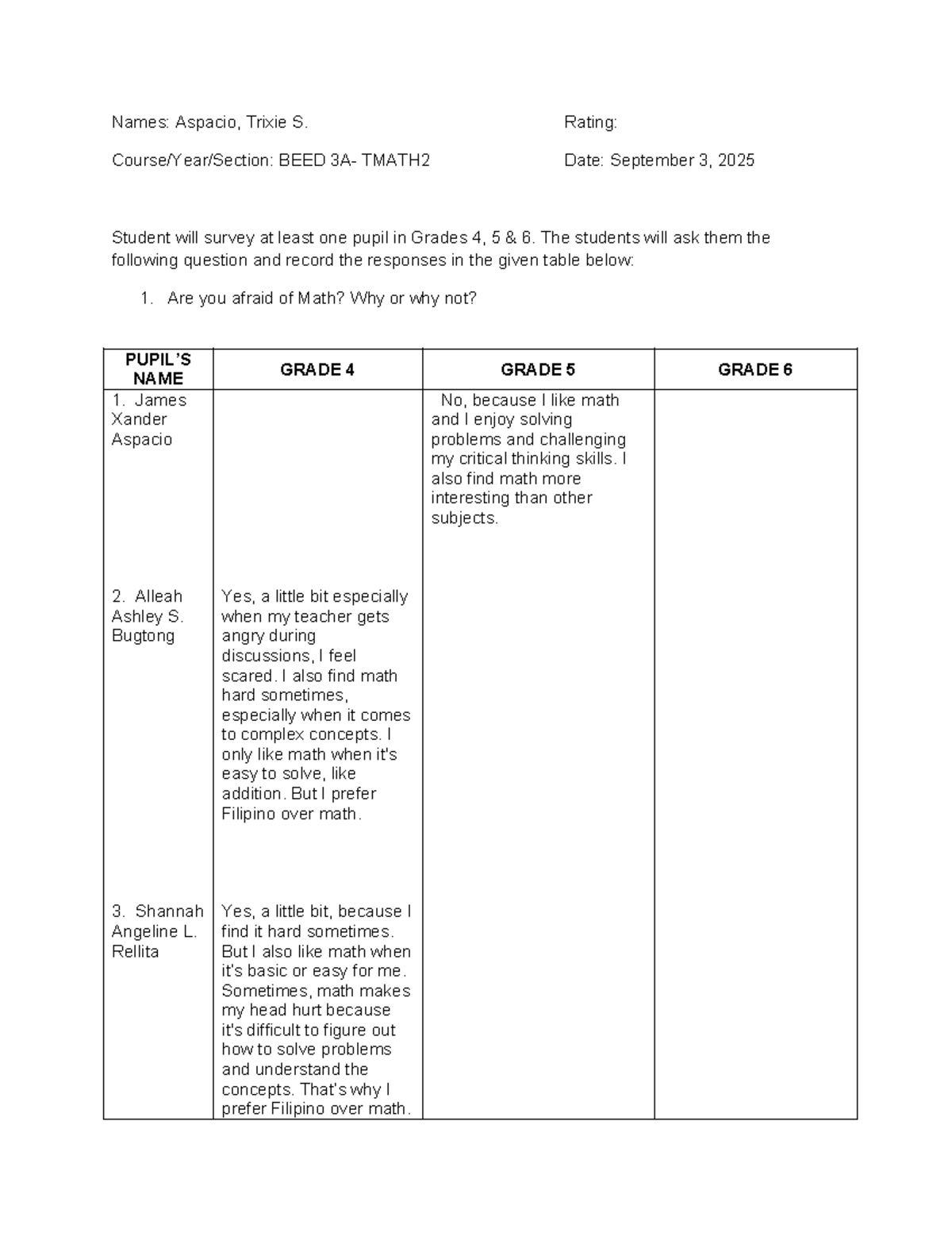 Aspacio - BEED TMATH2 Math Attitude Survey Activity - Studocu