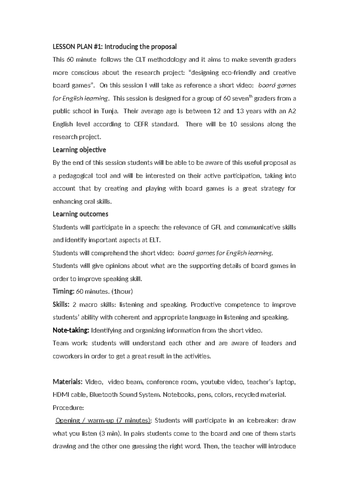 LESSON PLAN: Ecofriendly Board Games for 7th Grade (A2 CEFR) - Studocu
