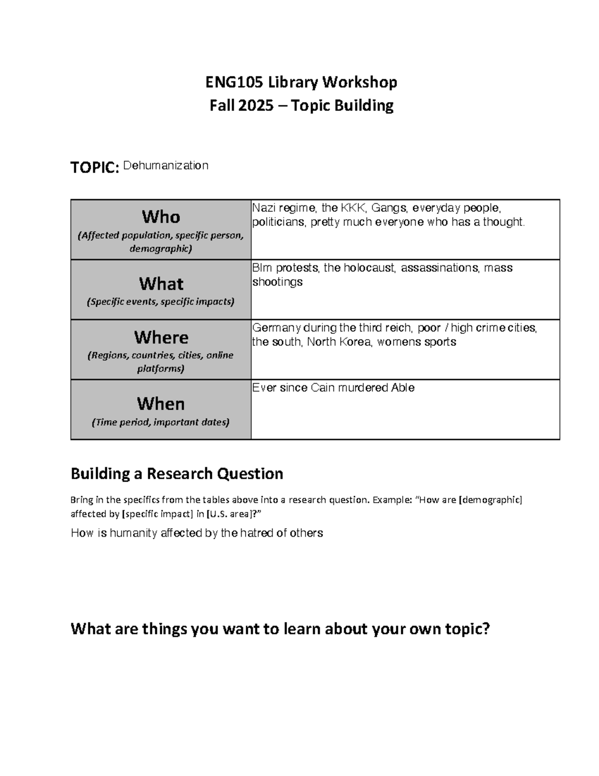 ENG105 F25 - Research Question Development on Dehumanization - Studocu