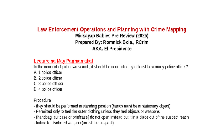 Law Enforcement Operations and Planning: RCrim 2025 Lecture Notes - Studocu