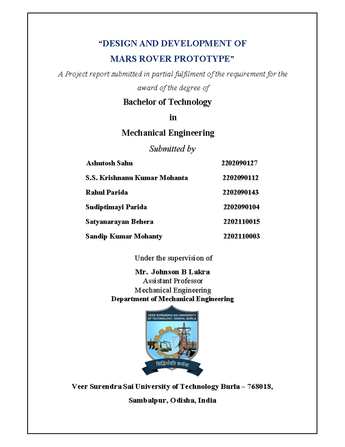 Design and Development of Mars Rover - B.Tech Project Report - Studocu