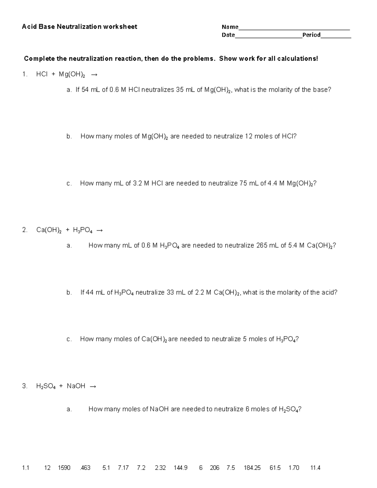Acid-Base Neutralization Worksheet: Calculations and Reactions - Acid ...