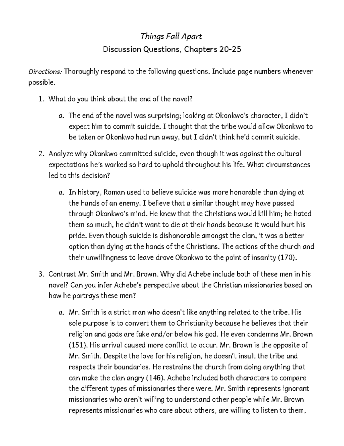 Copy of TFA DQs 20-25 - Things Fall Apart Assignment - Things Fall ...