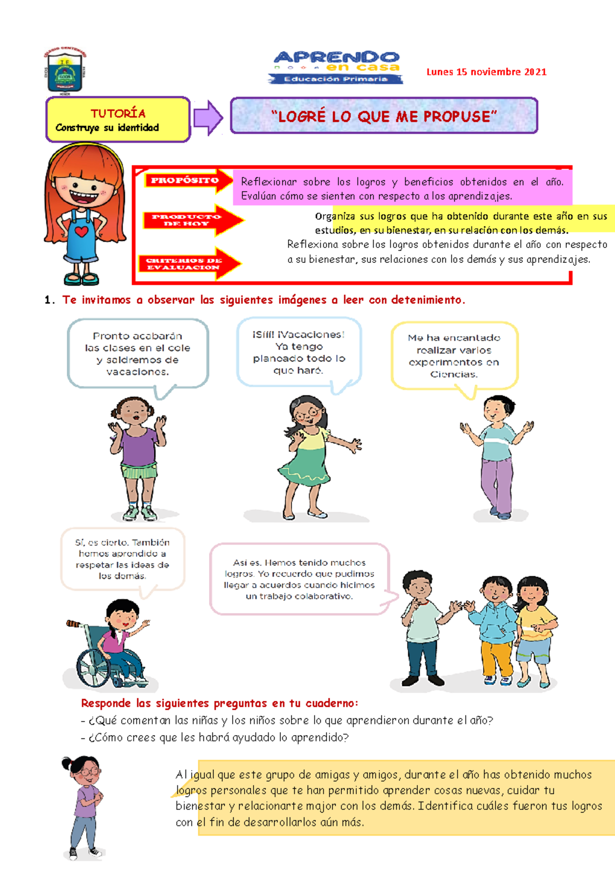 Actividad 15 Nov - Tutoría: Reflexionando sobre Mis Logros y ...