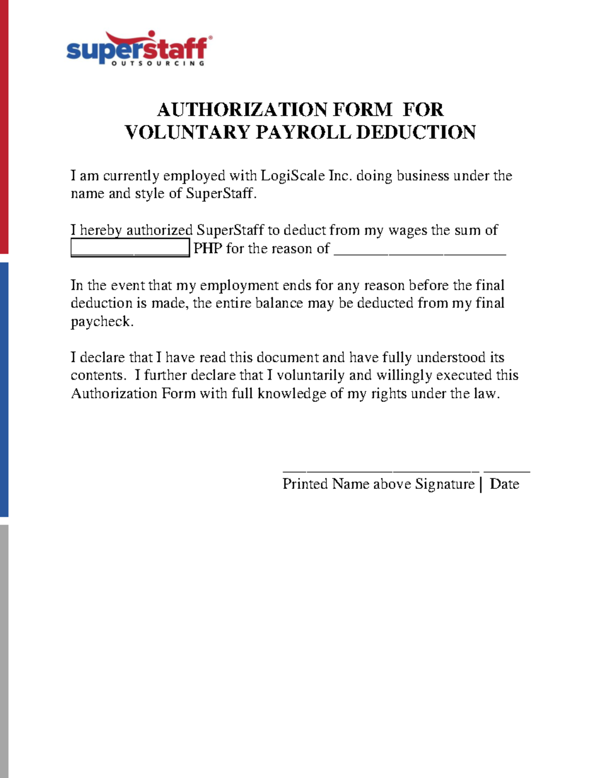 Voluntary Payroll Deduction Authorization Form for LogiScale Inc. - Studocu