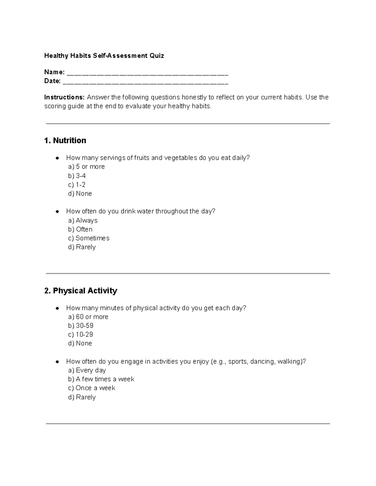 Healthy Habits Self-Assessment - Use the scoring guide at the end to ...