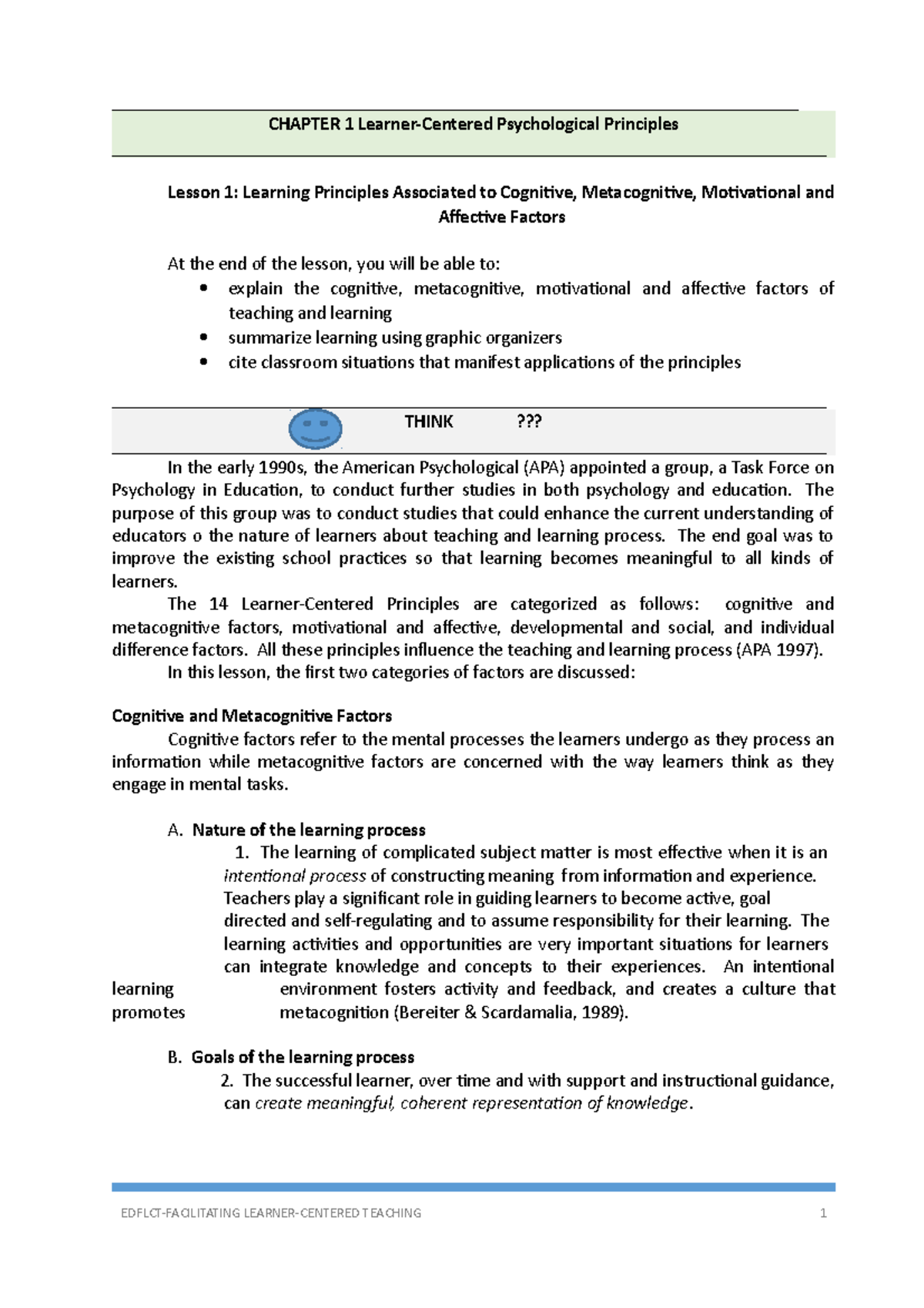 Chapter 1: Learner-Centered Psychological Principles (EDFLCT) - Studocu
