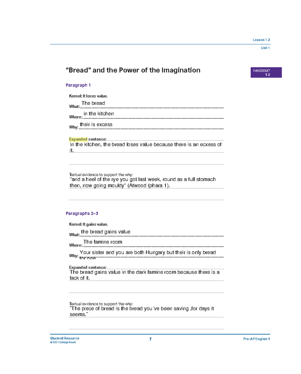Pre-AP English 1: Lesson 1 - The Power of Imagination in Bread - Studocu