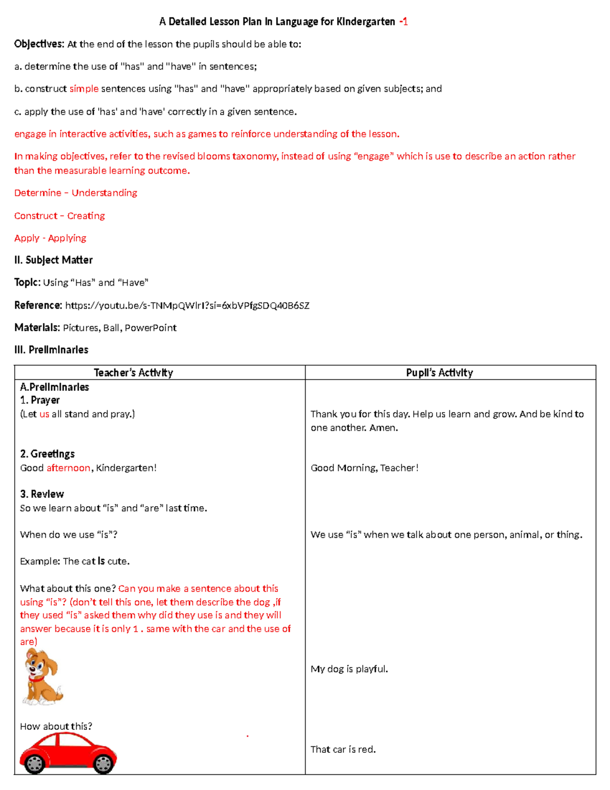 Kindergarten- Has and Have - A Detailed Lesson Plan in Language for ...