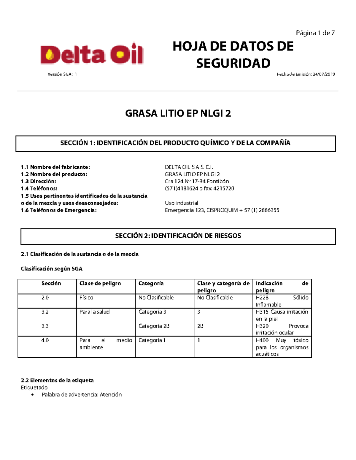 Hoja de Datos de Seguridad: Grasa Litio EP NLGI 2 (SGA) - Studocu