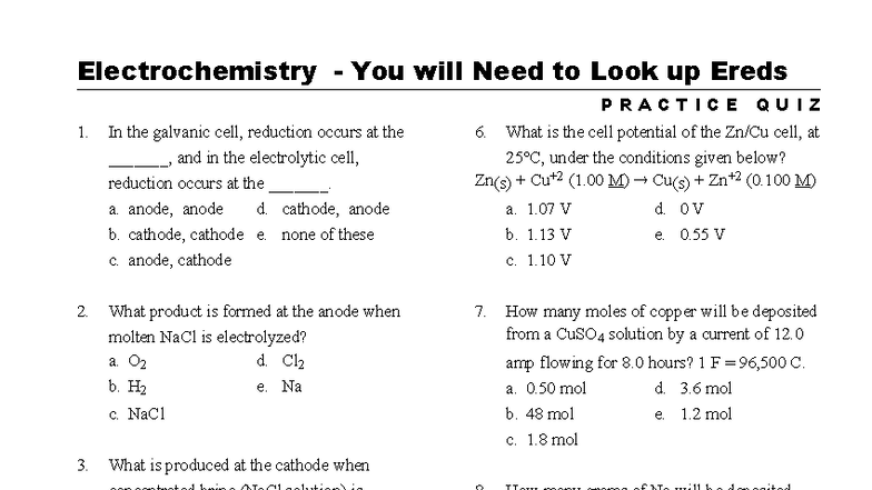Electrochemistry PRACTICE Quiz - Apch20 - Studocu