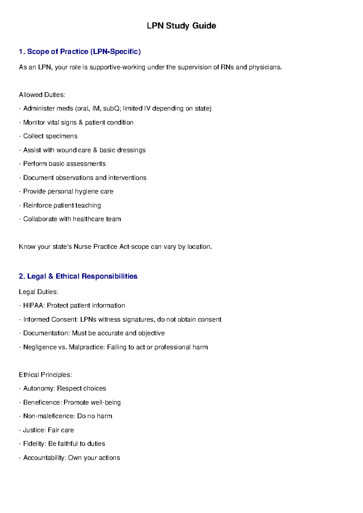 LPN Study Guide: Scope of Practice, Legal Duties & Safety Tips - Studocu